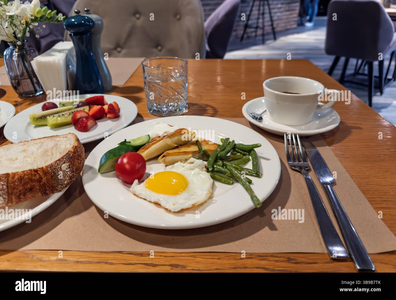 Healthy Breakfast Spread in Modern Cafe: Fried Egg, Cheese, Green Beans ...