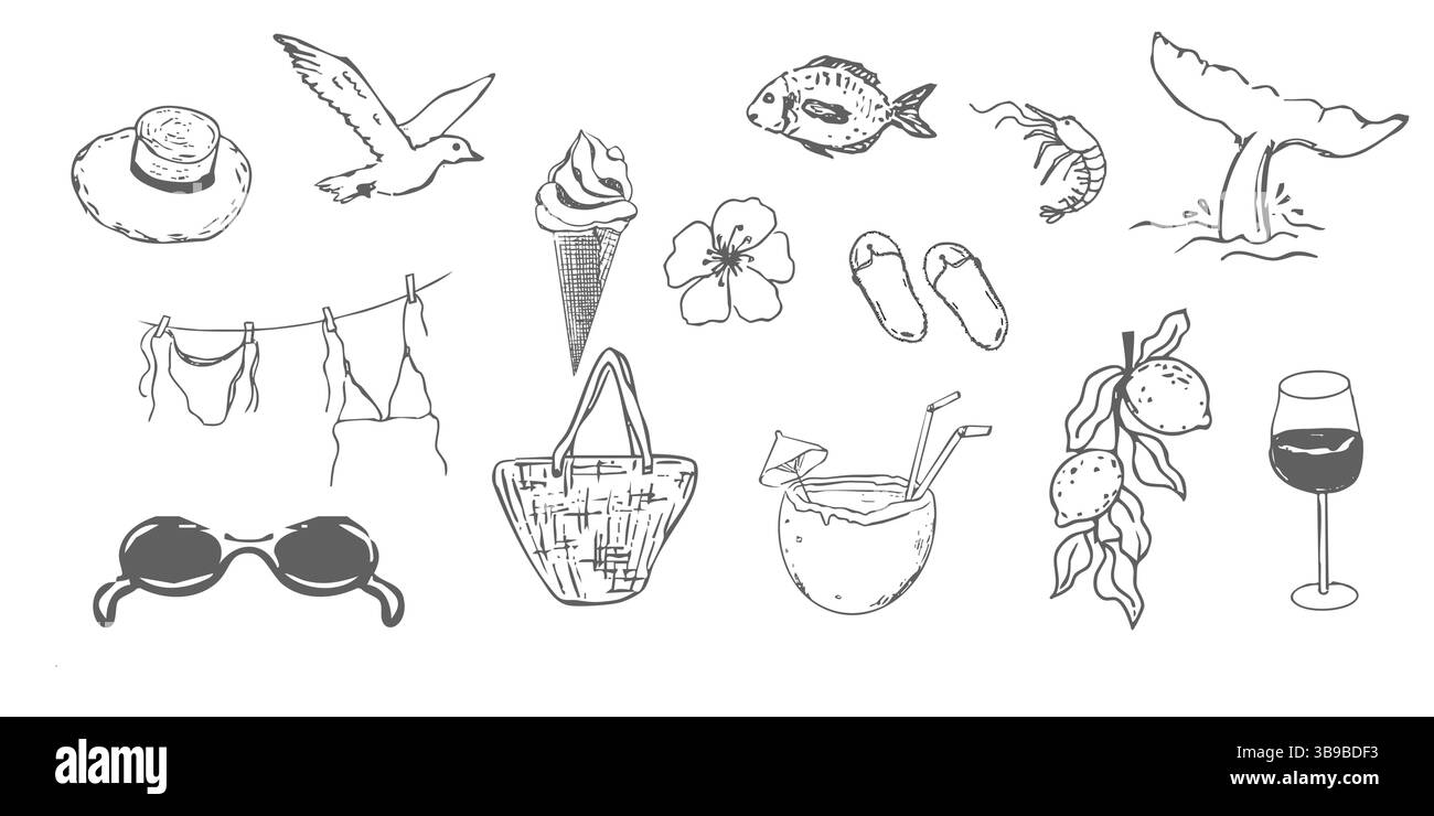 Summer seashore greek sea tourism, rest sketch drawing. Line hand drawn ...