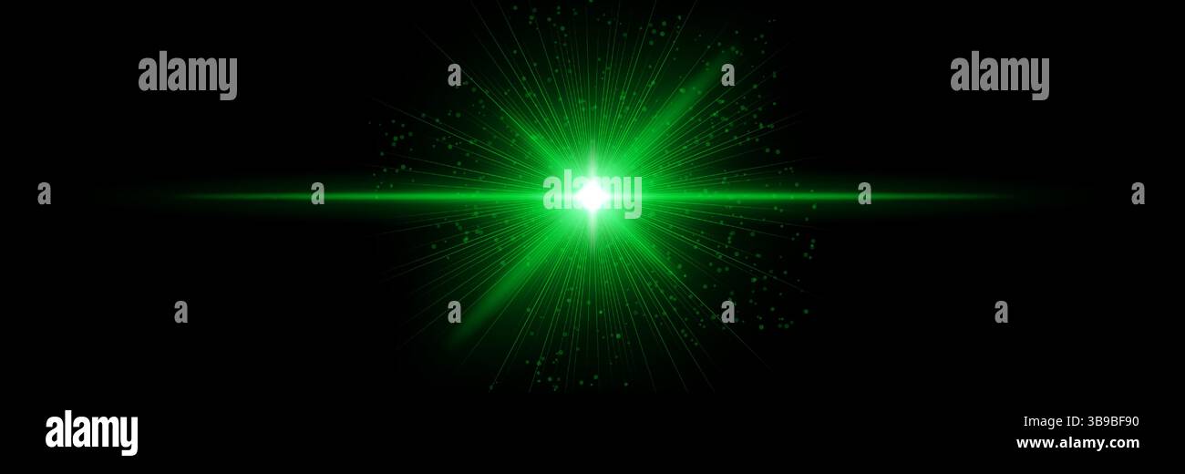 Green glowing core with radial beams and particles, light flare extends ...