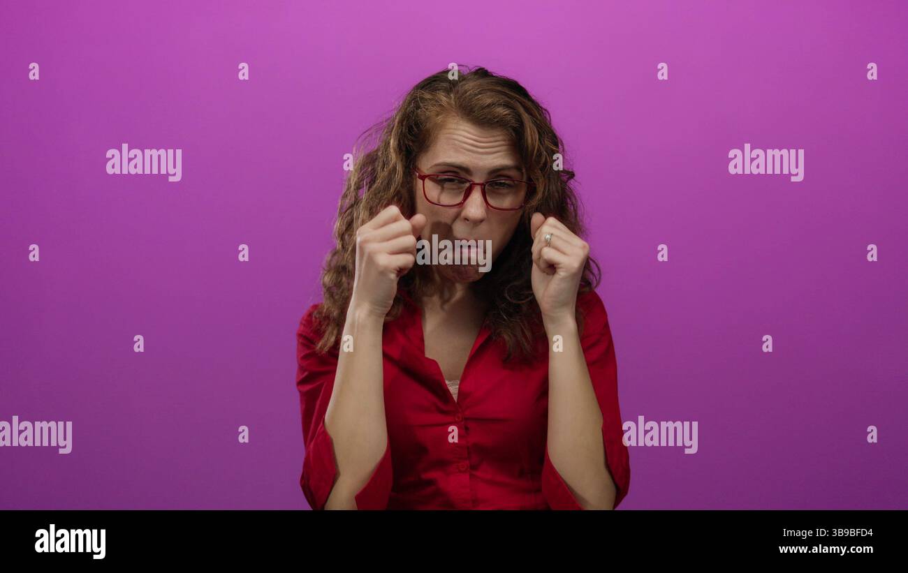 Woman expressing disgust over an isolated pink background wall with ...