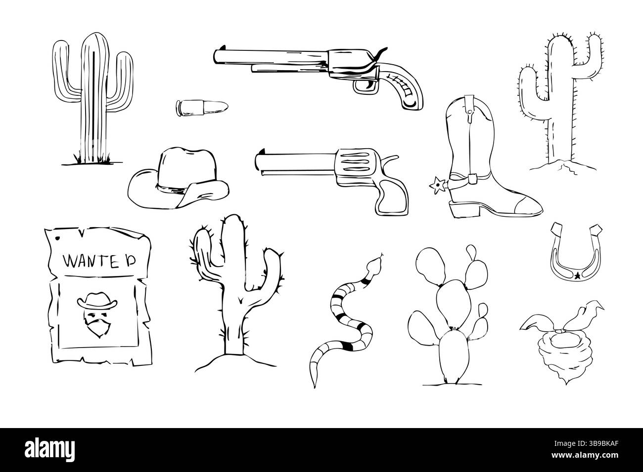 Wild west sketch set with vintage cowboy hat, gan. Desert elements ...
