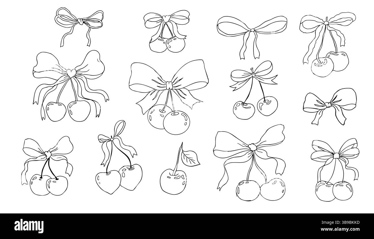 Cherry with bow coquette girly fruit, tie ribbon sketchy doodle drawing ...