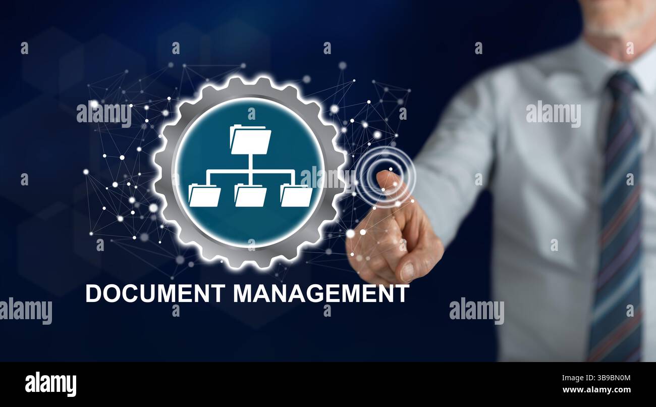 Man touching a document management concept on a touch screen with his ...