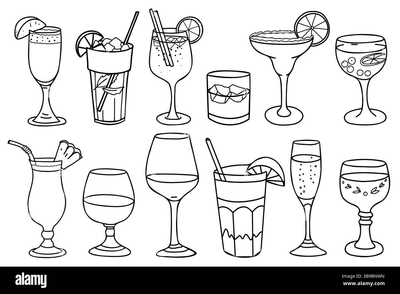 Alcoholic Drink set. Cocktails, Wine, Whiskey, Cognac. Hand drawn ...