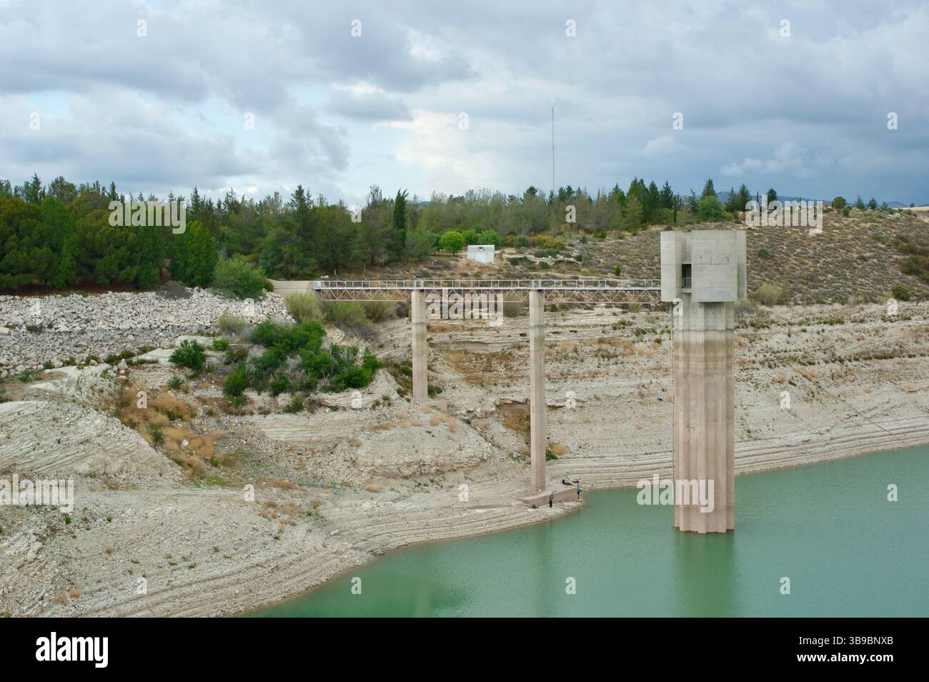 Scenic depiction of a dam reservoir with surrounding natural vegetation ...
