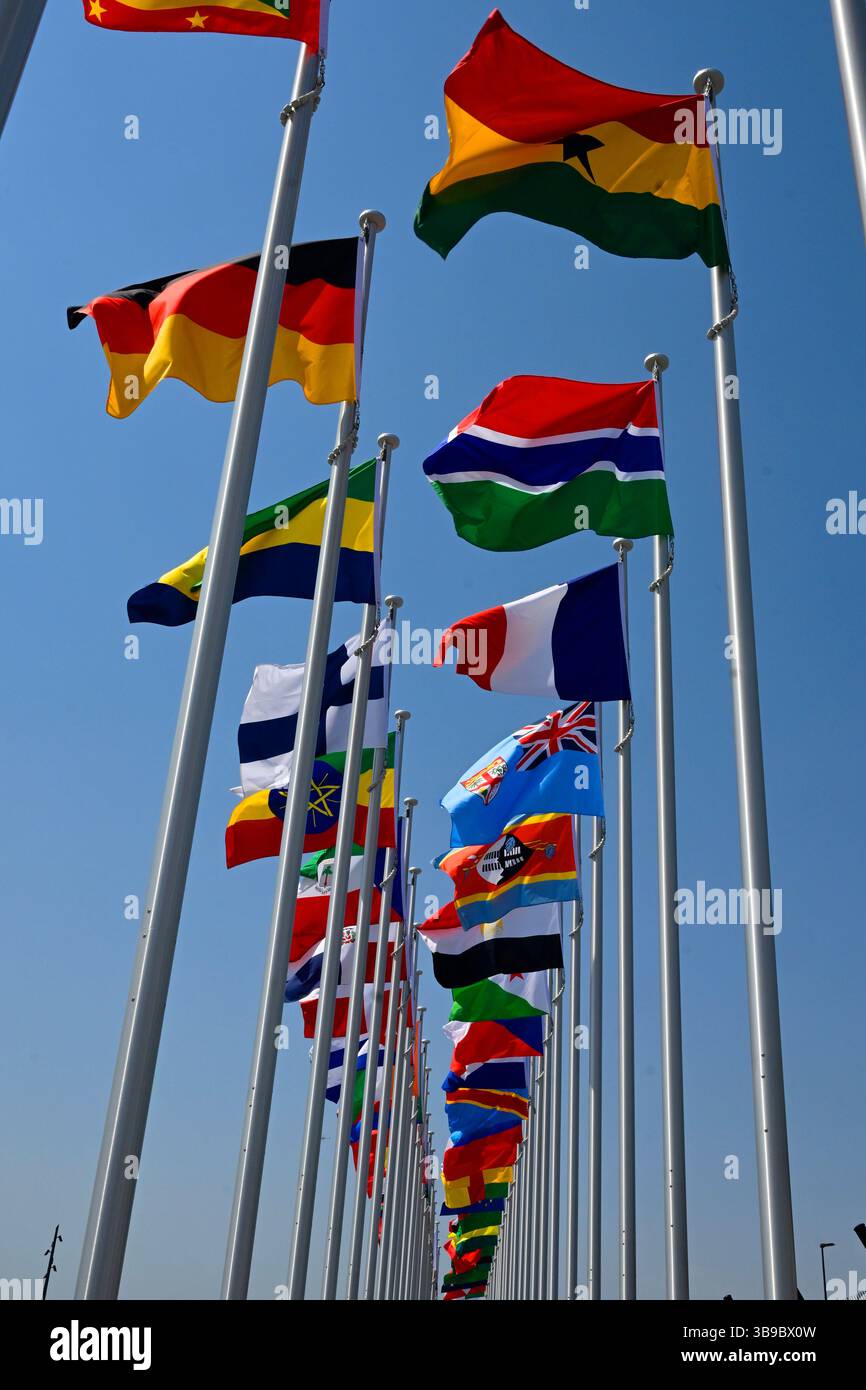 International flags at the entrance of Expo 2025 Osaka Kansai Japan ...