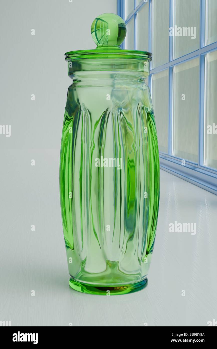 Old Victorian glassware in a sunny window. Single small round Uranium ...