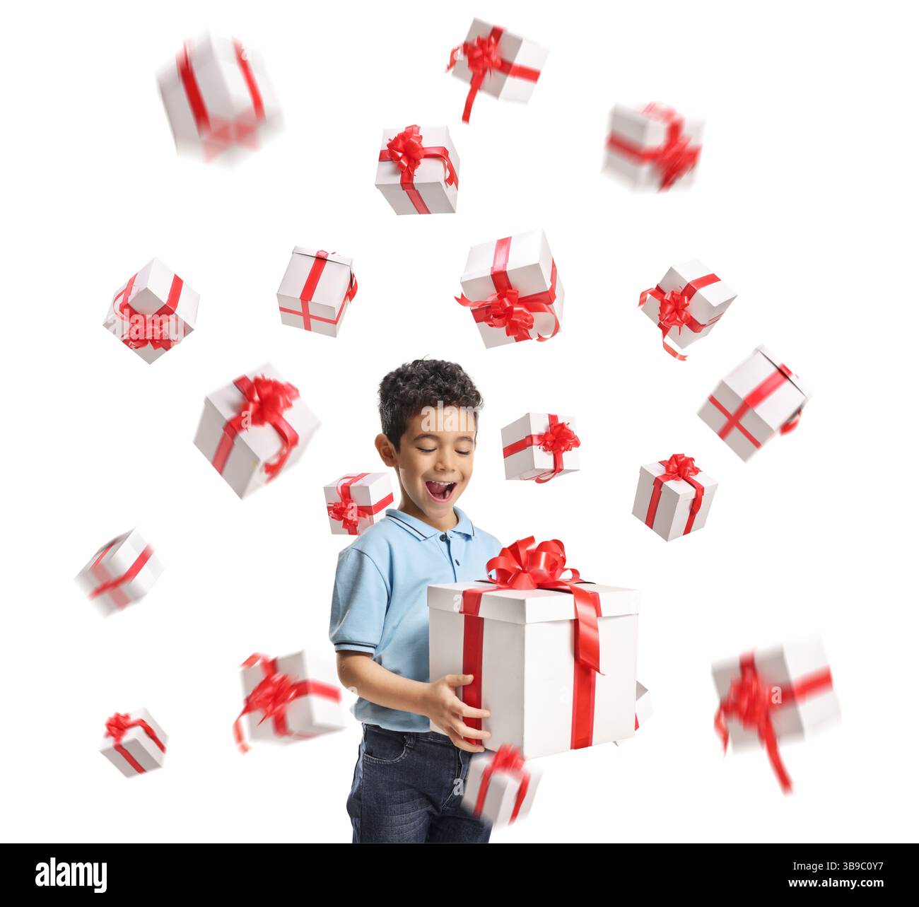 Cute asian boy with many gift boxes flying in the air isolated on white ...
