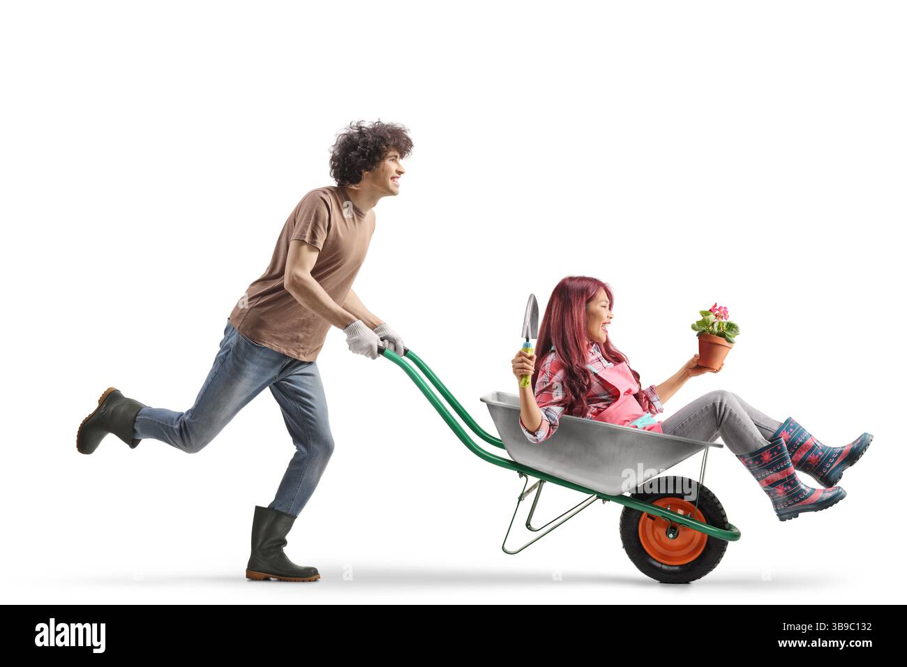 Young man running and pushing a woman seated in a wheelbarrow isolated ...