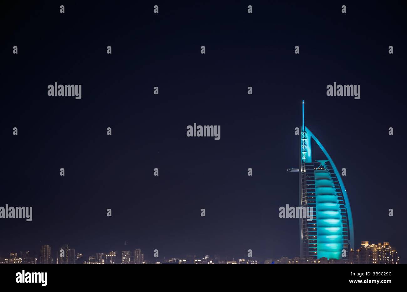 Nighttime view of the iconic Burj Al Arab hotel in Dubai, United Arab ...