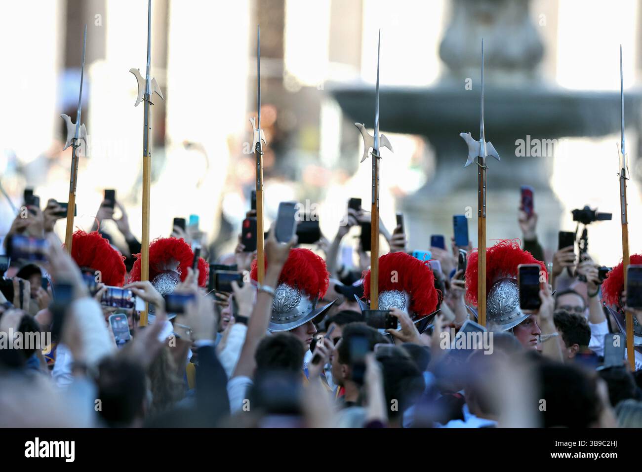 Rome, Italy. 08th May, 2025. Swiss Guards halberds march through the ...