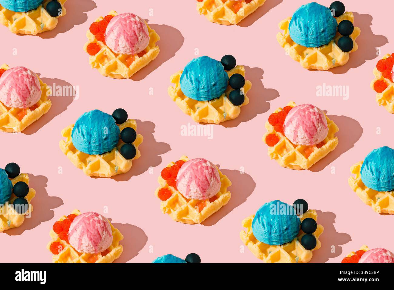 Seamless waffle pattern with pink and blue ice cream scoops and ...