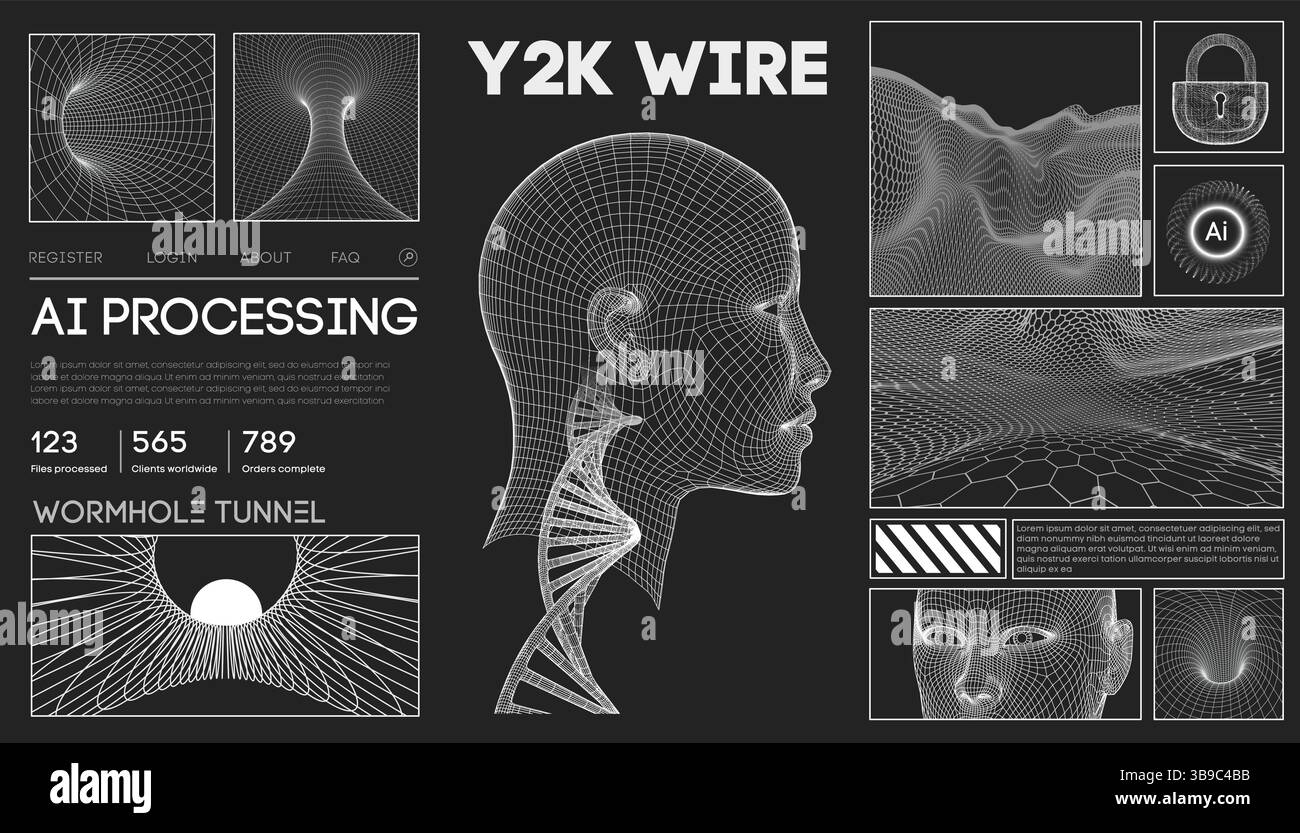 Futuristic Y2K wireframe vector illustration featuring digital human ...