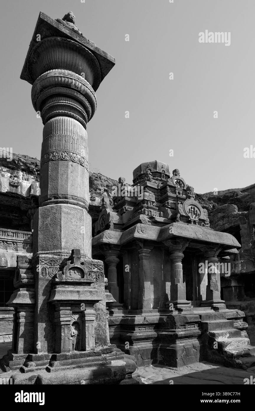 Black and white photo of Chhota Kailasa cave temple at Ellora state ...
