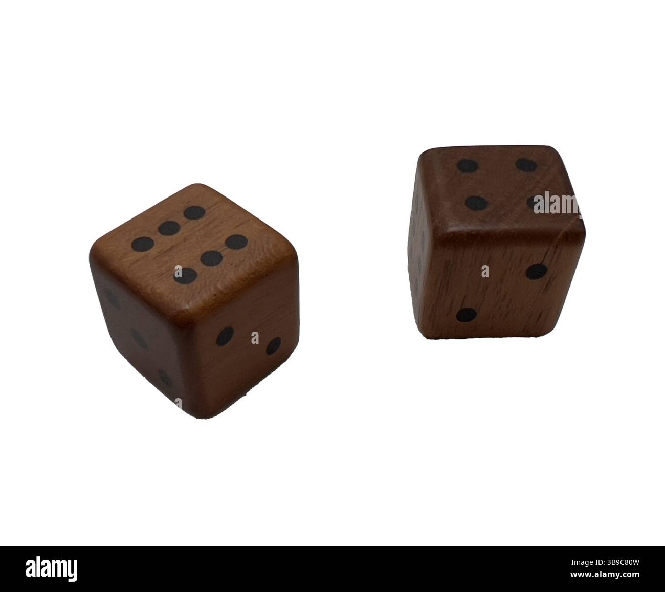 Two handcrafted wooden dice. The dice have a smooth, natural wood grain texture and black pips ...