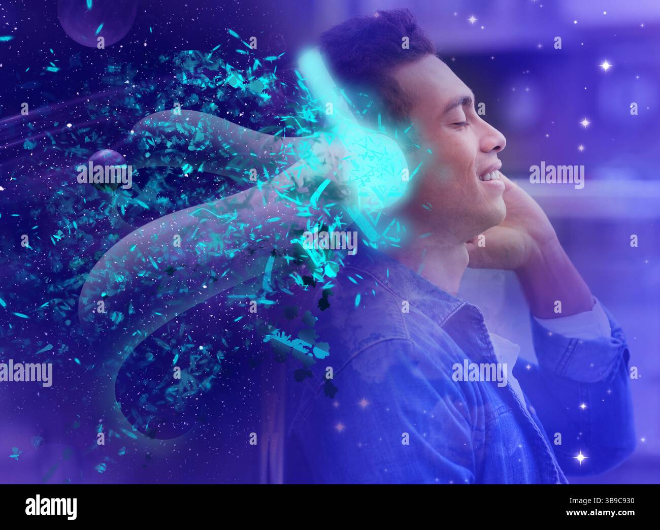 Autonomous sensory meridian response. Man with headphones enjoying ASMR ...