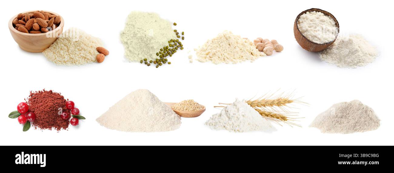 Different types of flour isolated on white, set Stock Photo - Alamy