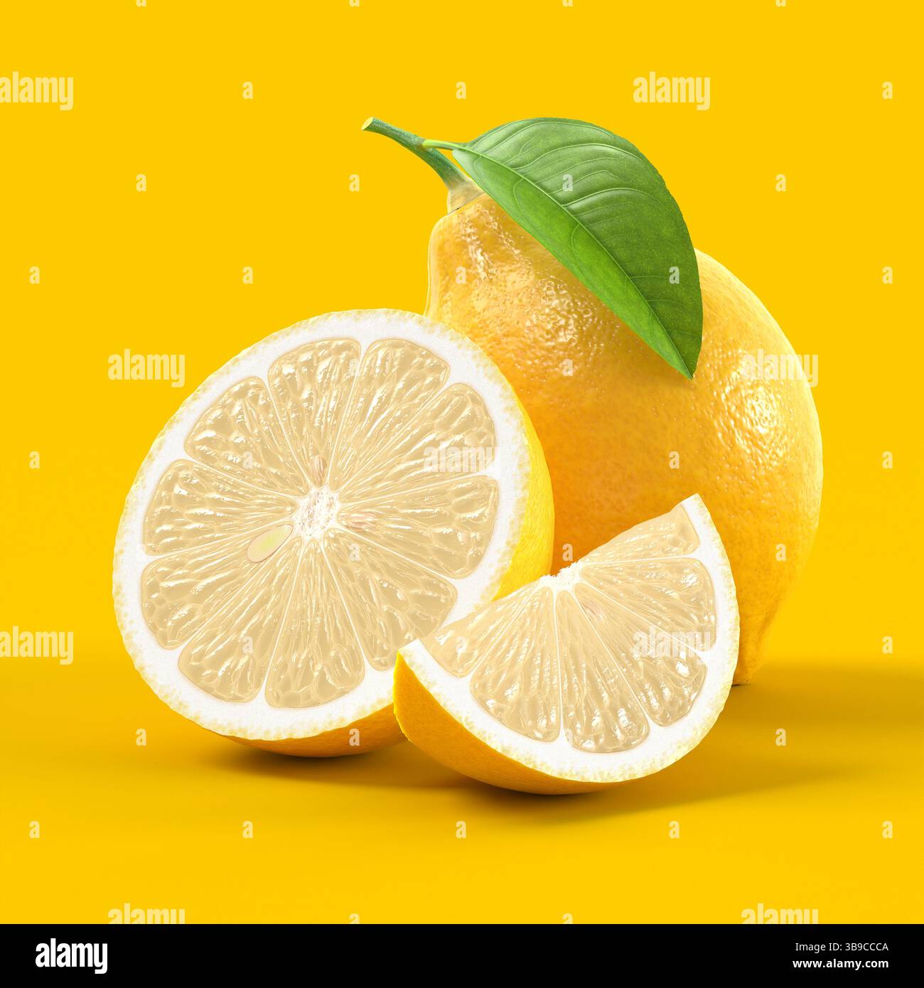 Fresh Crisp Vibrant Lemon Slice Piece Quarter Half and Whole with Green ...