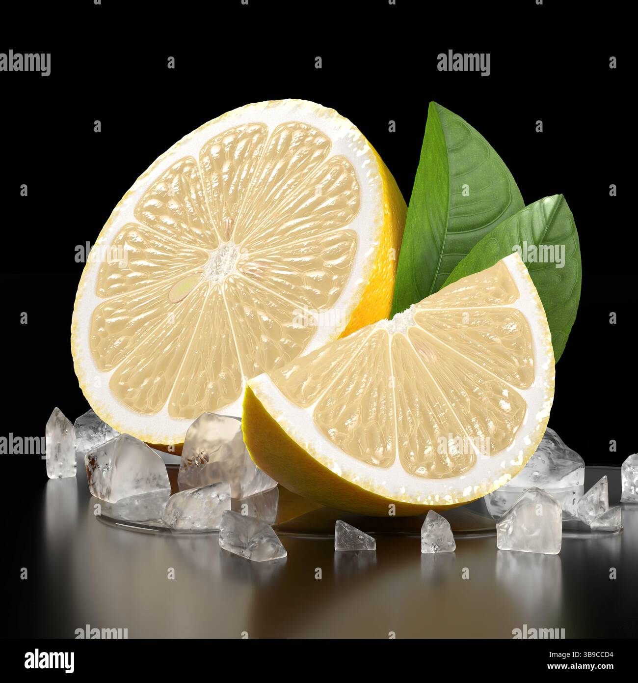 Fresh Crisp Vibrant Lemon Slice Piece Quarter Half with Green Leaves ...