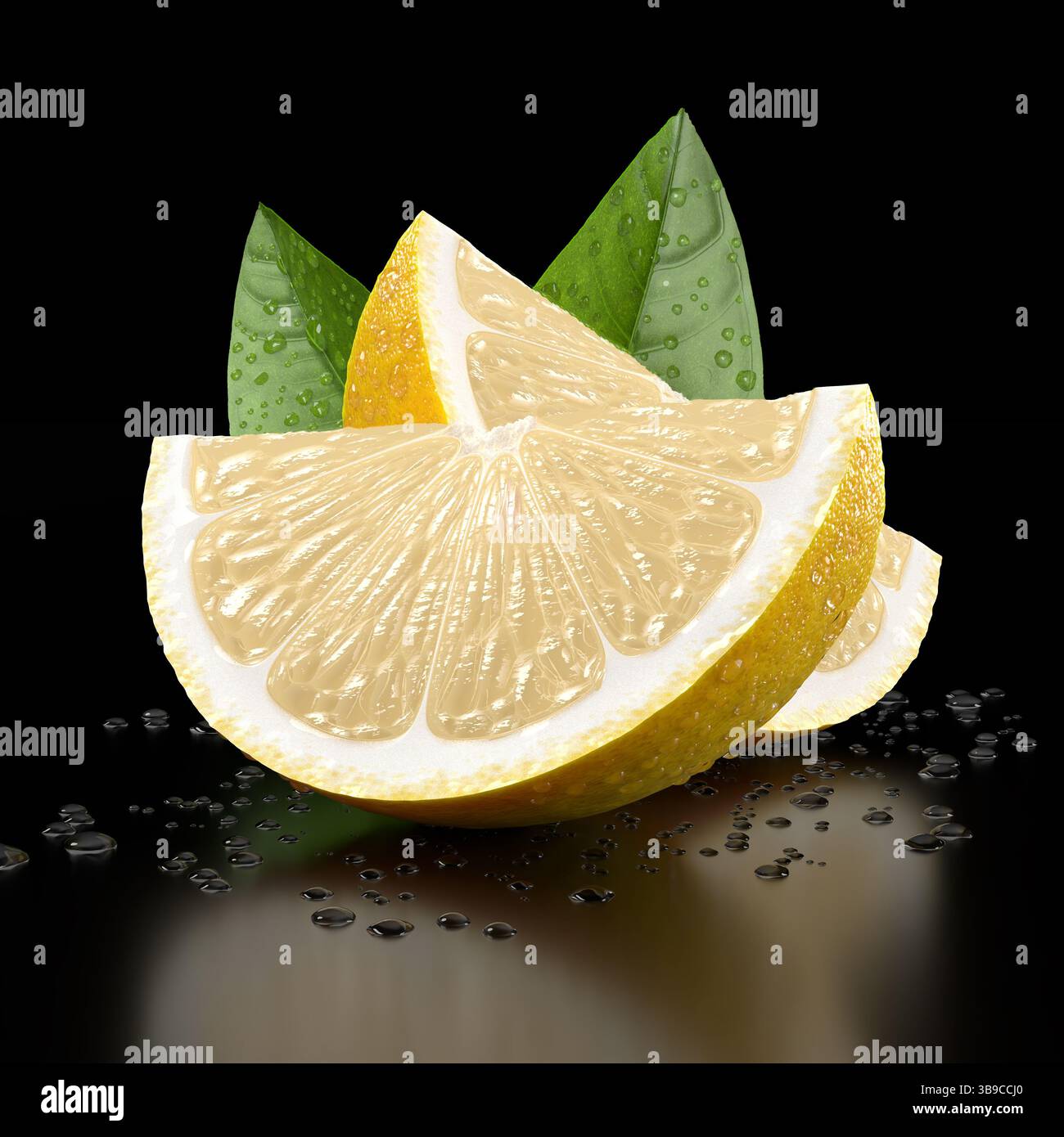 Fresh Crisp Vibrant Lemon Slice Piece Quarter with Green Leaves and ...