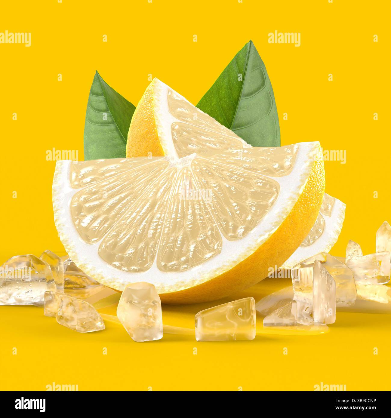 Fresh Crisp Vibrant Lemon Slice Piece Quarter with Green Leaves Ice ...