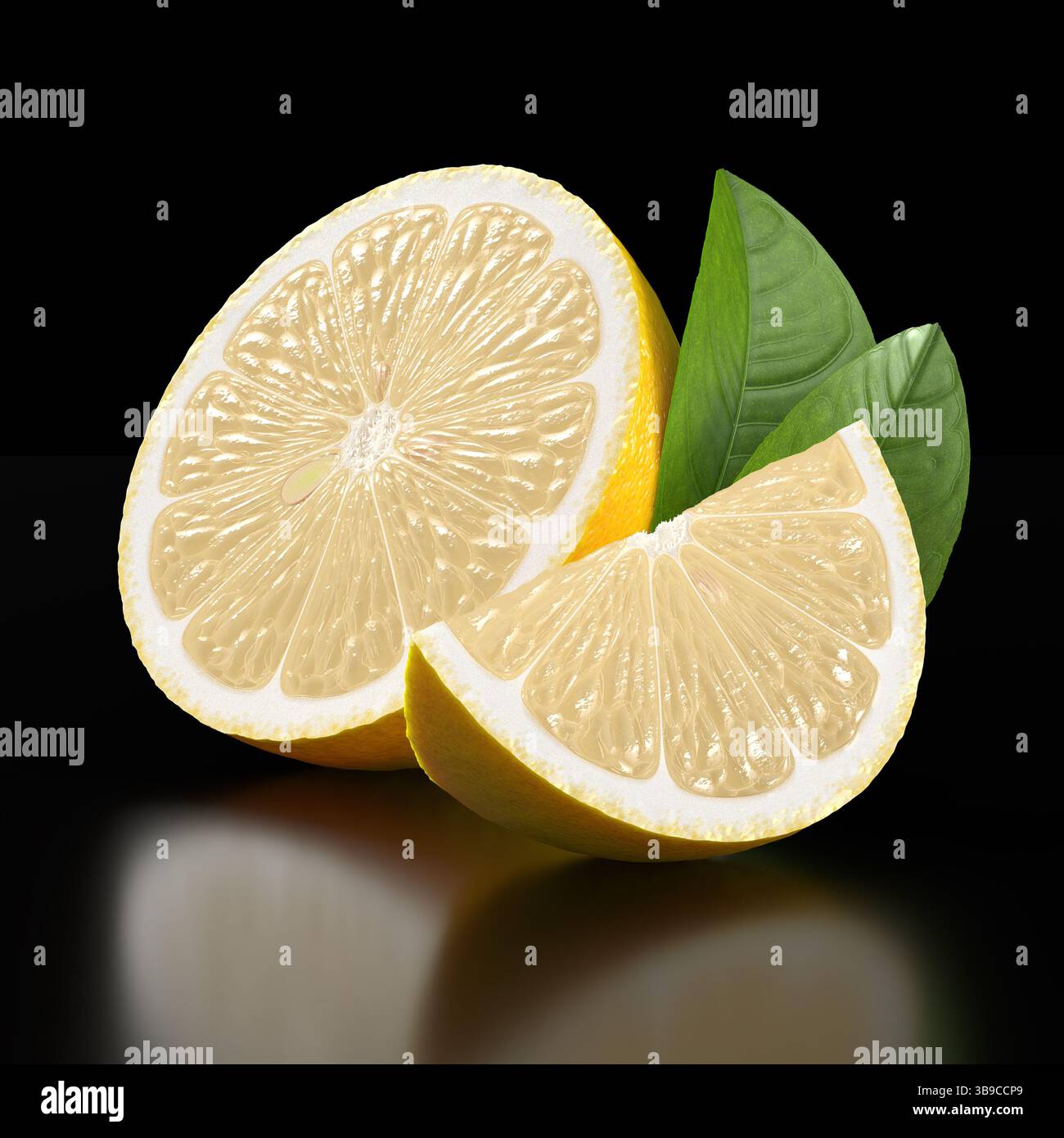 Fresh Crisp Vibrant Lemon Slice Piece Quarter Half with Green Leaves ...