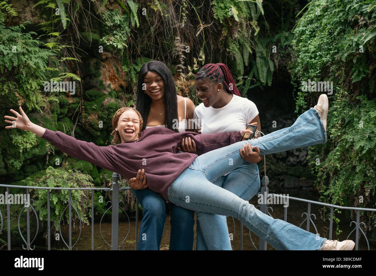 Three young women having fun in a park lifting their friend Stock Photo ...