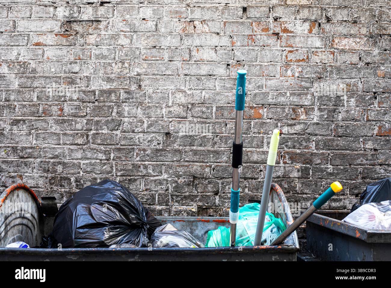 trash cans with garbage and full garbage bags against the background of ...