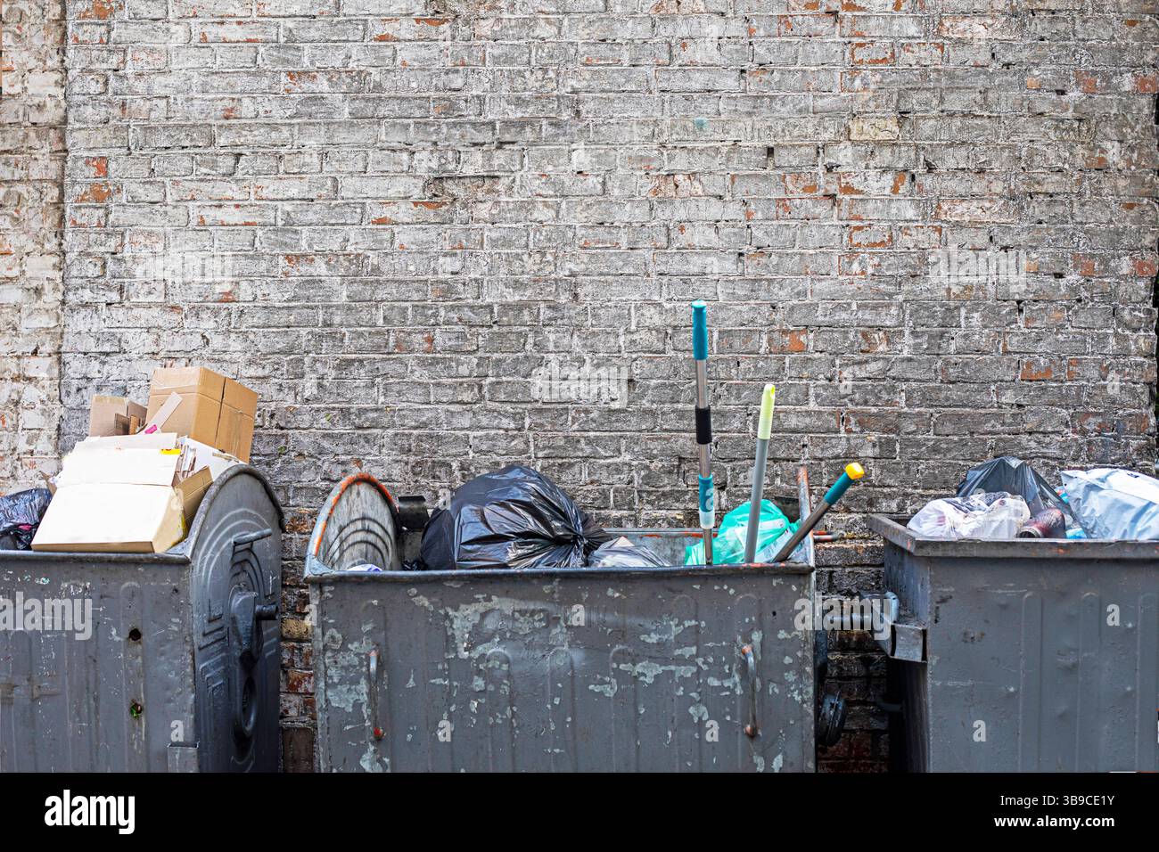 trash cans with garbage and full garbage bags against the background of ...
