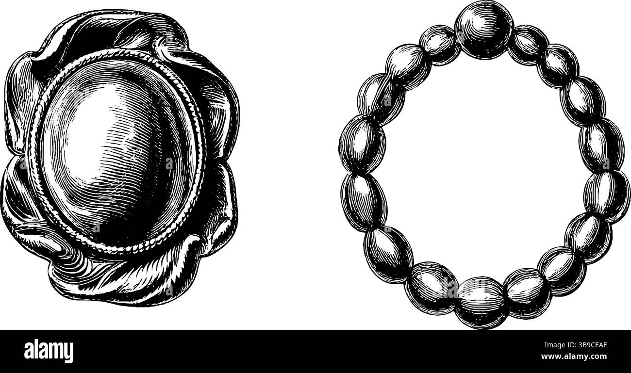 Engraved vintage jewelry illustration set featuring brooch and pearl ...