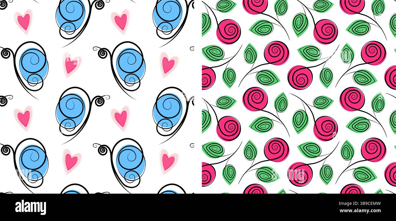 Butterflies, decorative Hearts and Roses on steam with leaves Seamless ...