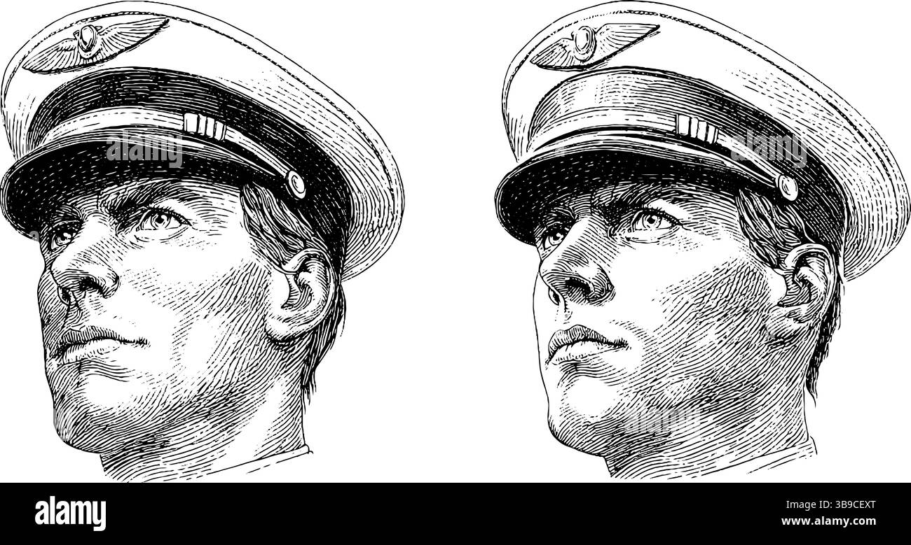 Engraved portrait of pilot in black line art style for aviation design ...