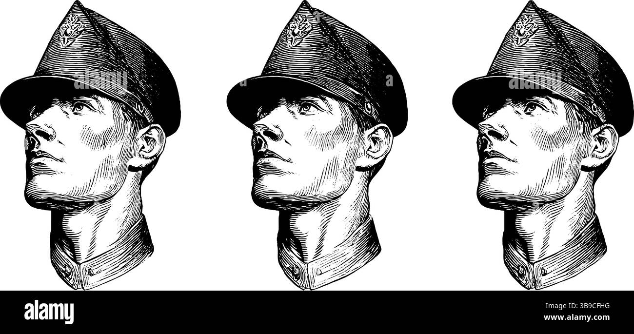 Vintage engraved portrait of sergeant in three views - black and white ...