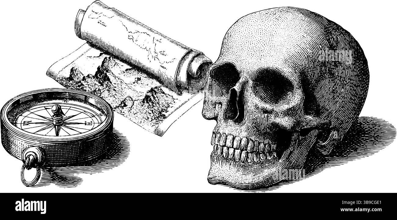 Antique treasure map and compass with skull for adventure themes Stock ...