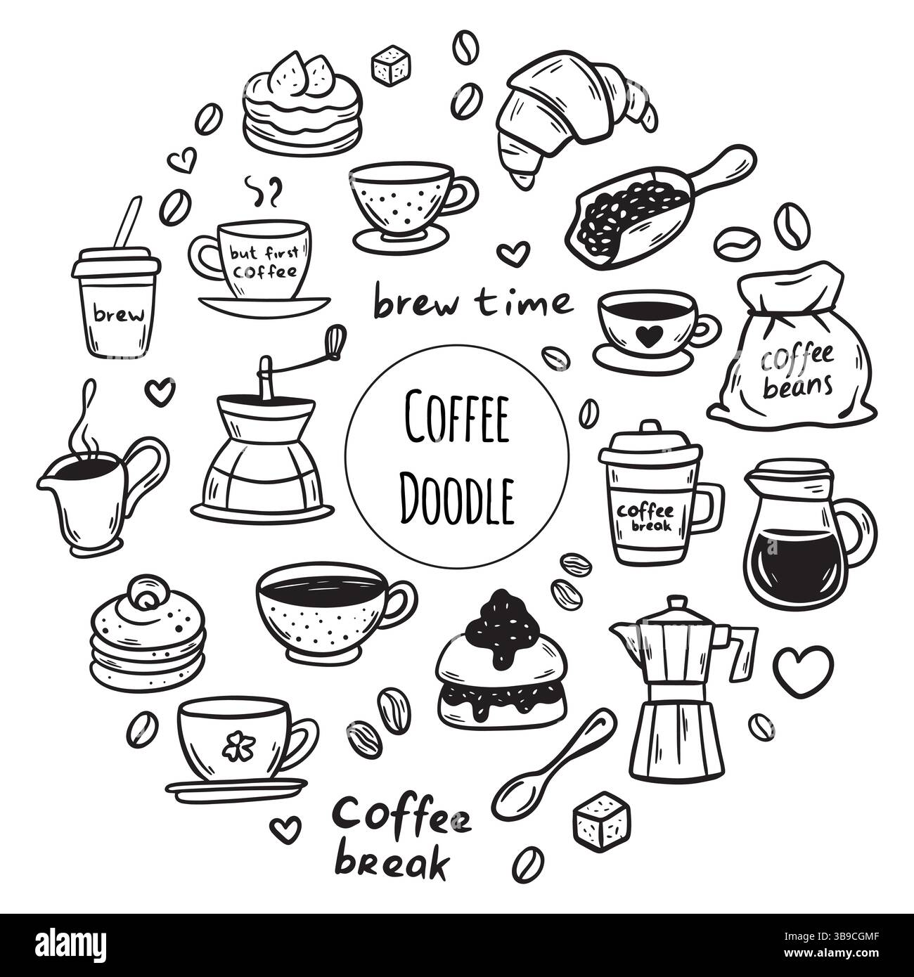 Cute Doodle Cartoon Coffee Shop Icons Vector Outline Hand Drawn For
