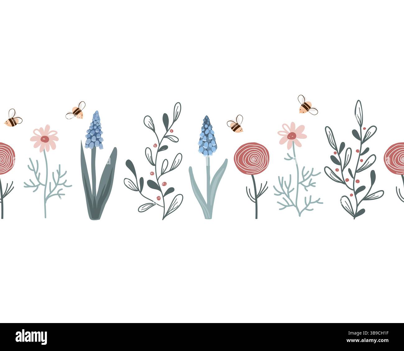 Cute seamless border with spring flowers and bees. Vector isolated ...