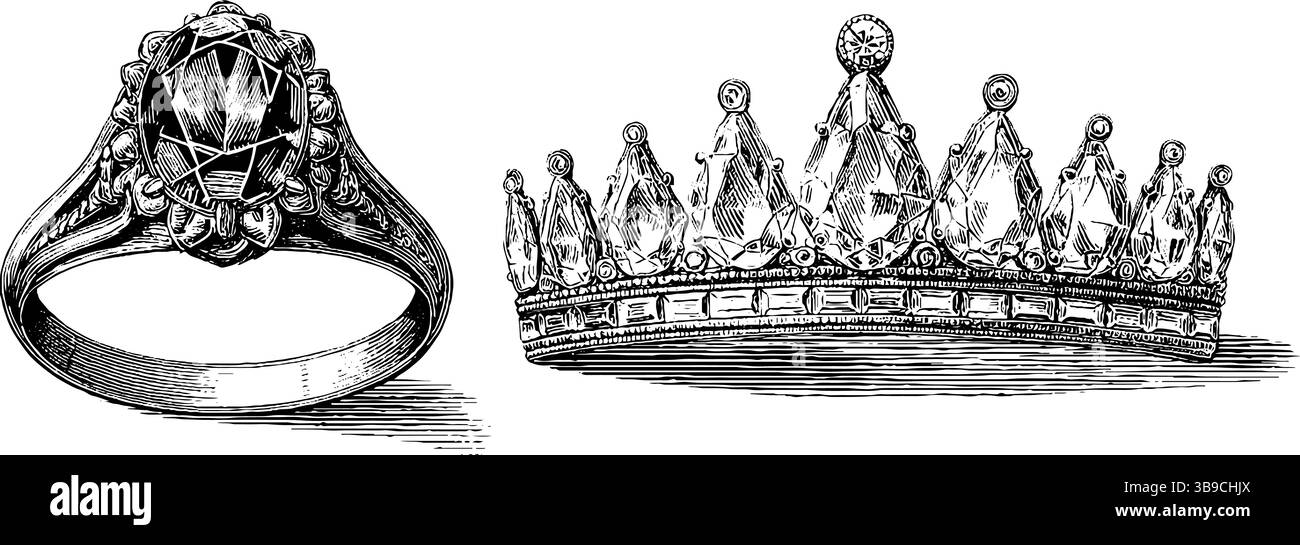 Vintage ornamental ring and crown engraving for jewelry design and ...