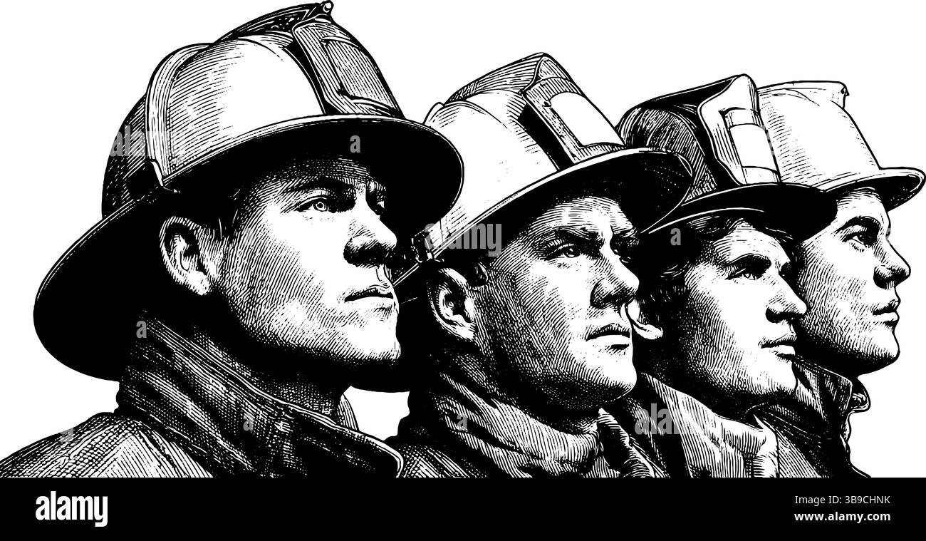 Historic illustration of firefighters in traditional gear Stock Vector ...