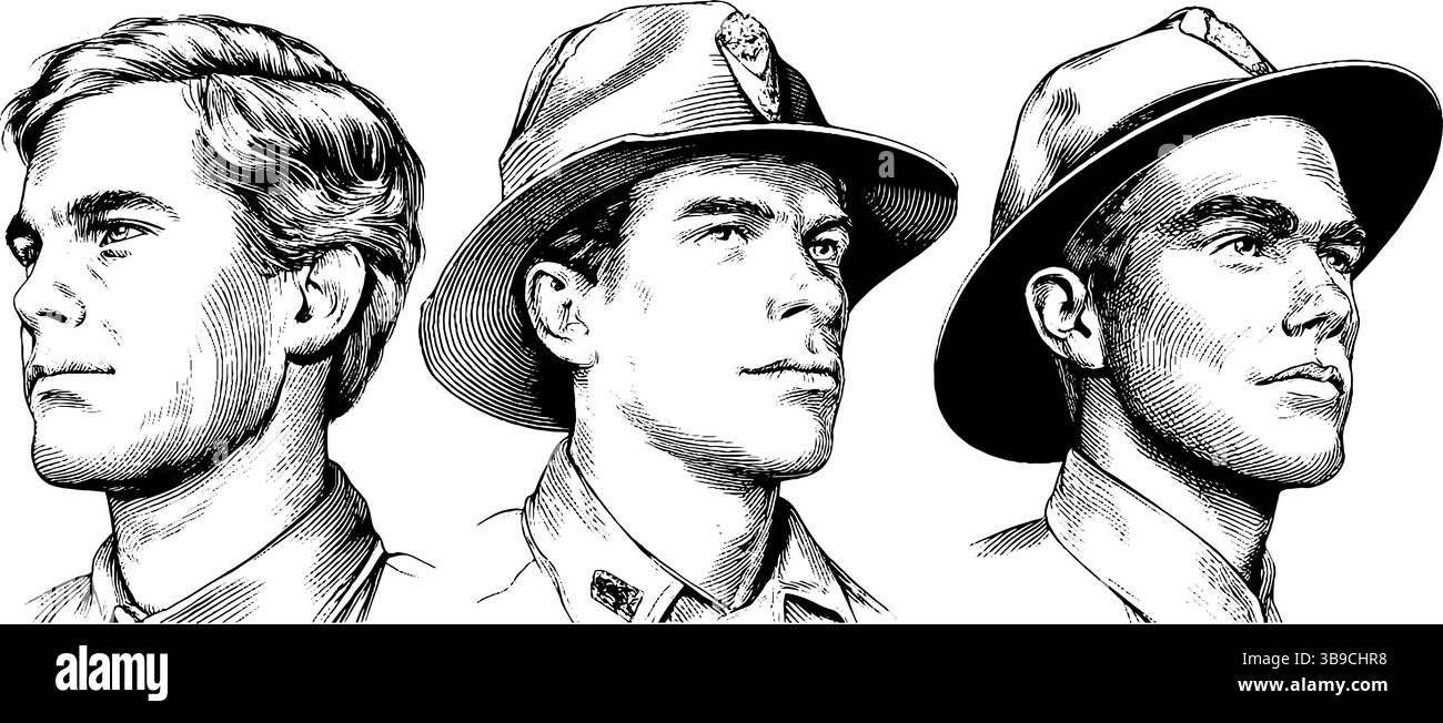 Engraved illustration set featuring park ranger portraits with vintage ...