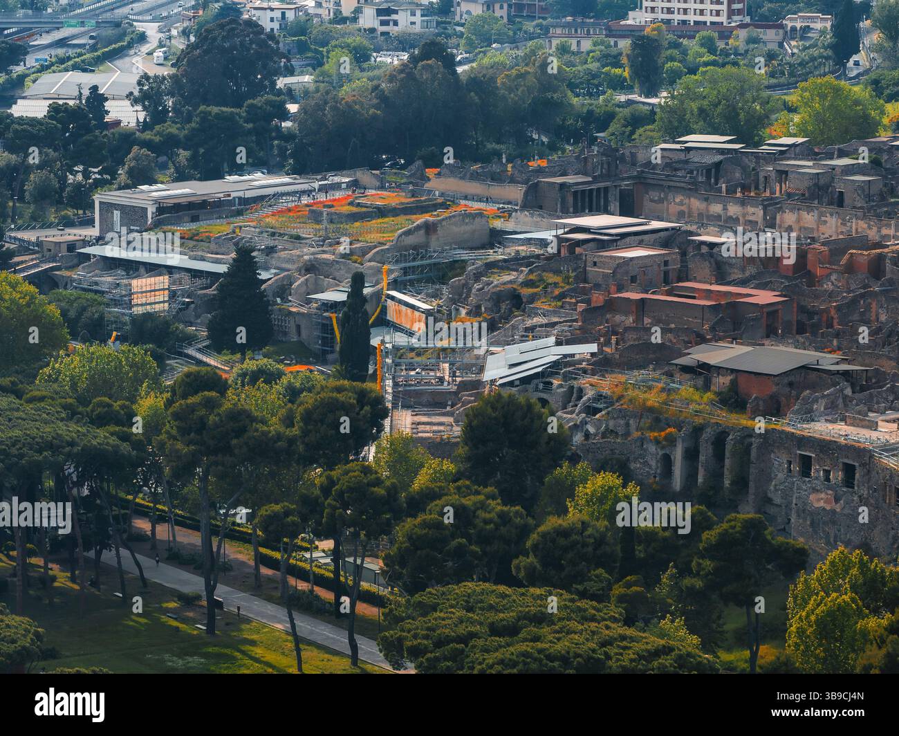 Aerial View of Ancient Ruins of Pompeii Surrounded by Modern Italy ...