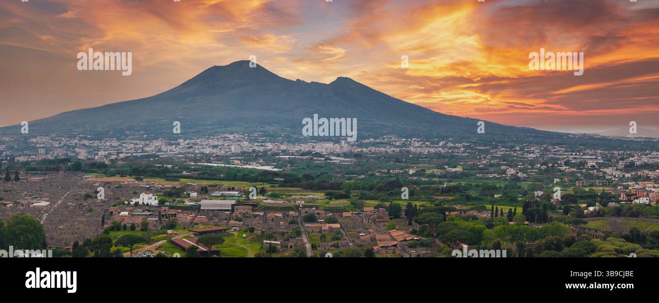 Aerial View of Pompeii Ruins and Mount Vesuvius at Sunset in Italy ...