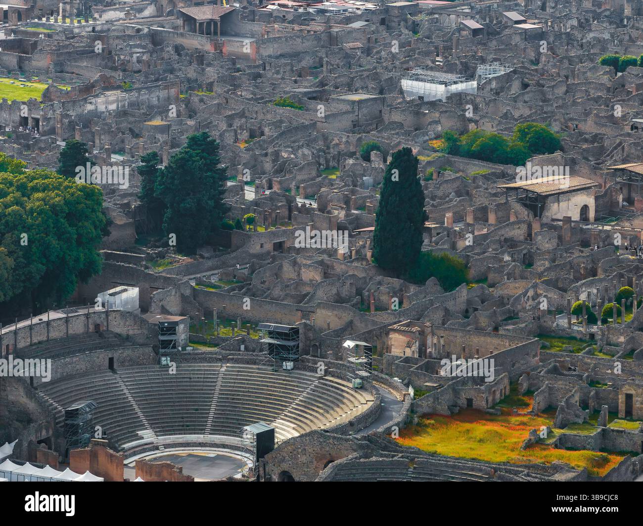 Aerial View of Pompeii Ruins with Amphitheater in Foreground, Italy ...