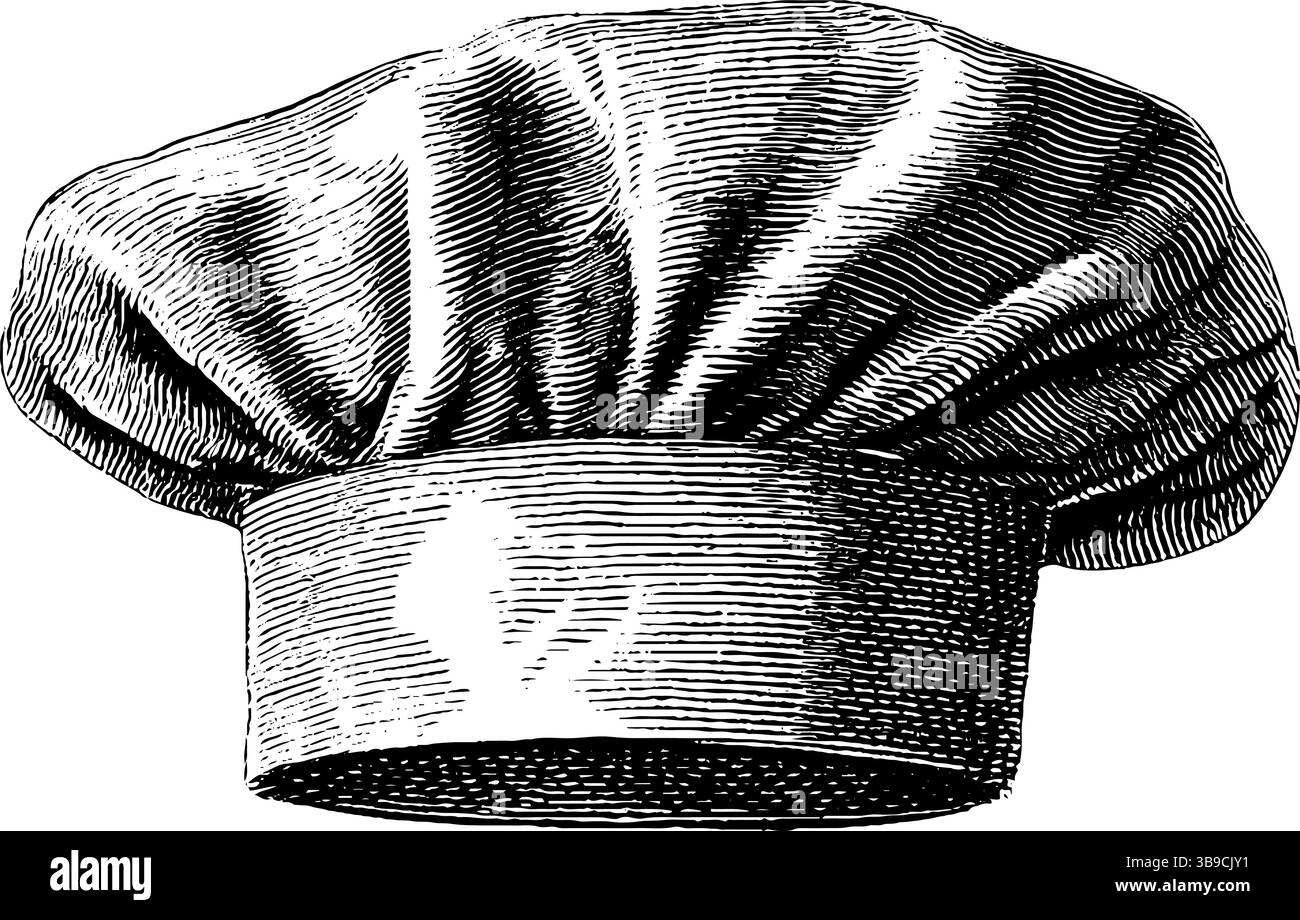 Engraved chef's hat illustration with black bold lines for culinary ...