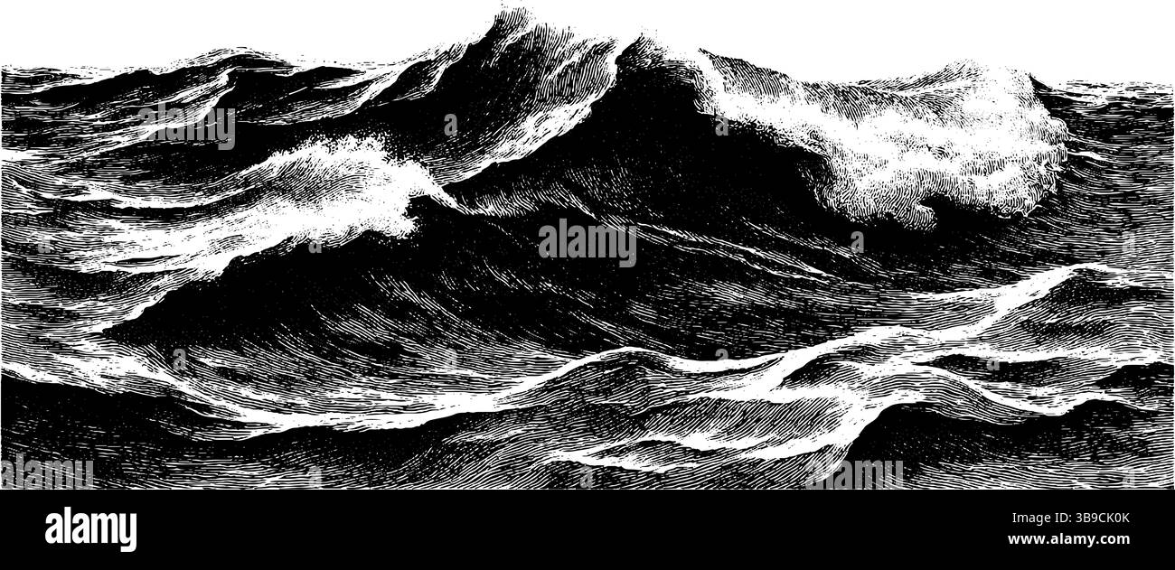 Engraved ocean swell illustration with bold waves and dynamic sea ...
