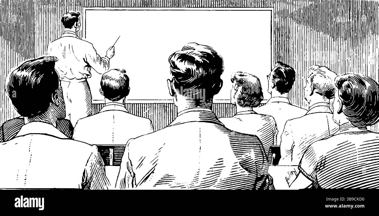 Vintage classroom presentation scene with engraved style illustration ...