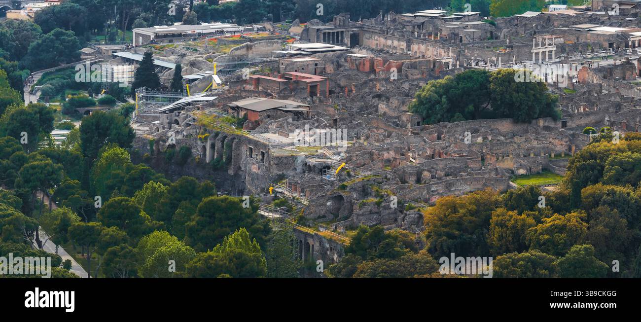 Aerial view of Pompeii ruins in Italy, showing stone structures ...