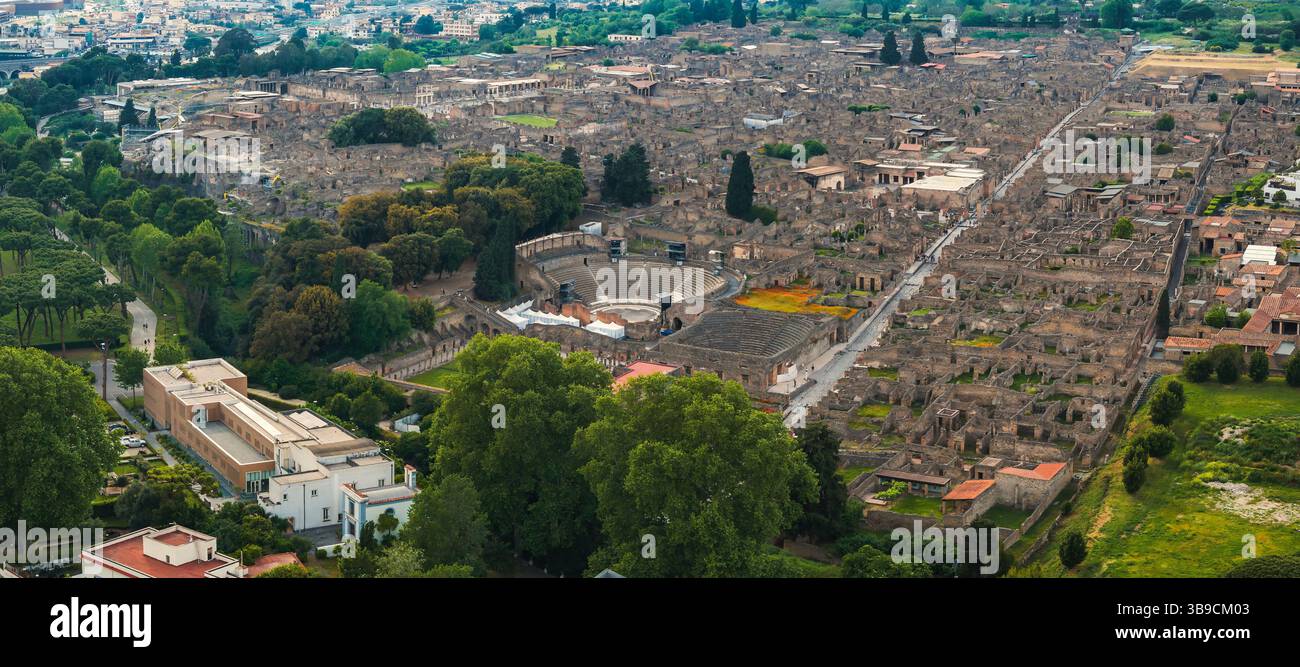 Aerial View of Ancient Ruins of Pompeii with Amphitheater in Italy ...
