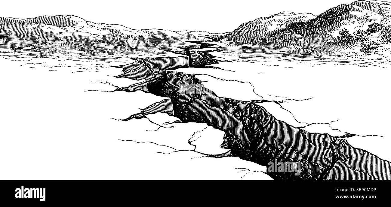 Vintage engraving of earthquake impact on rugged landscape for ...