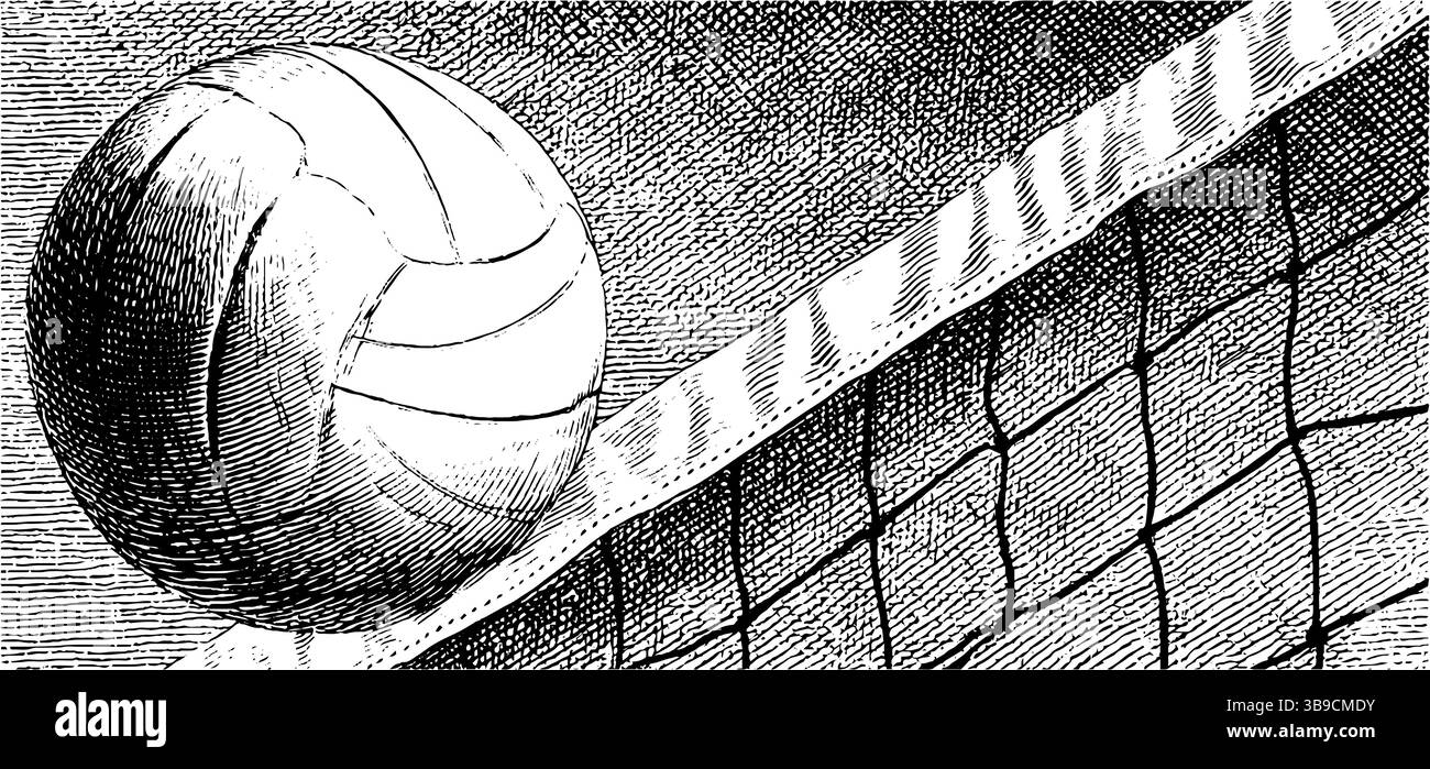 Vintage engraved illustration of volleyball game with net and ball ...