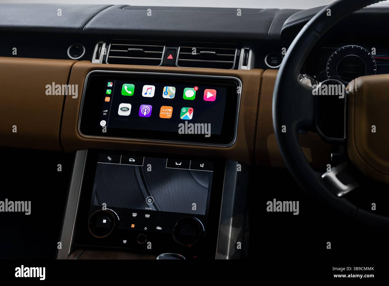 Right-hand drive car interior - close-up view of center console with ...